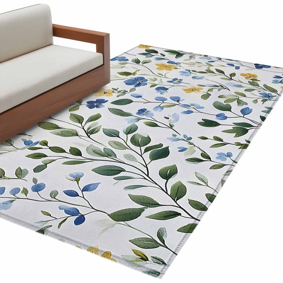 Blue Yellow Floral Spring 3'x5' Washable Rug, Summer Pastoral Botanical ...