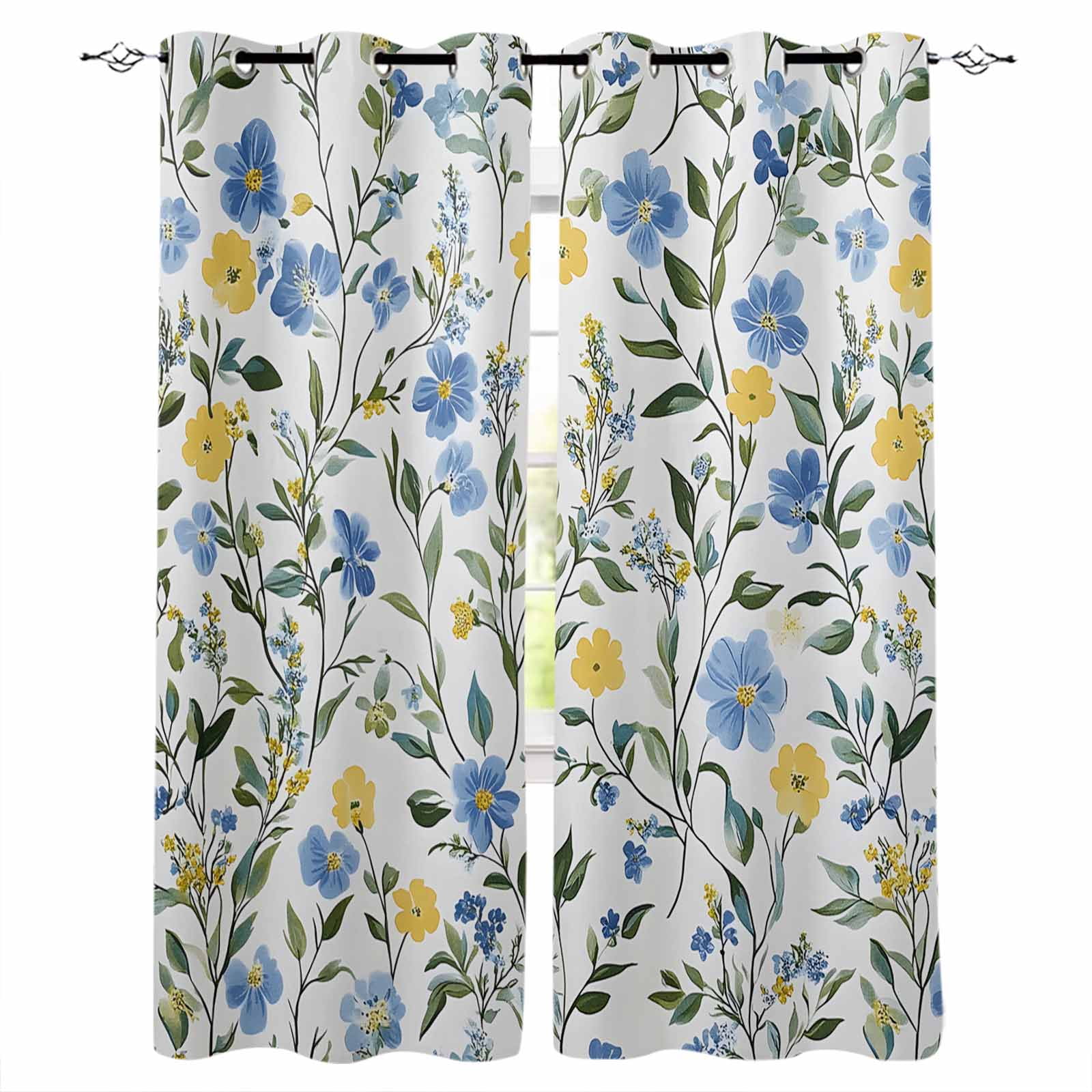 Blue Yellow Floral Spring Blackout Curtains 54 Inches Long, Summer ...