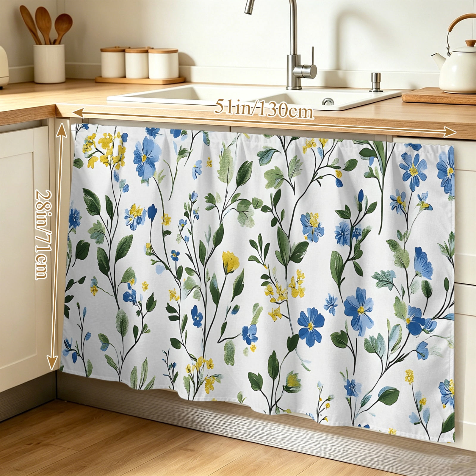 Blue Yellow Floral Spring Cabinet Curtain 28"W x 51"L, Summer Botanical ...