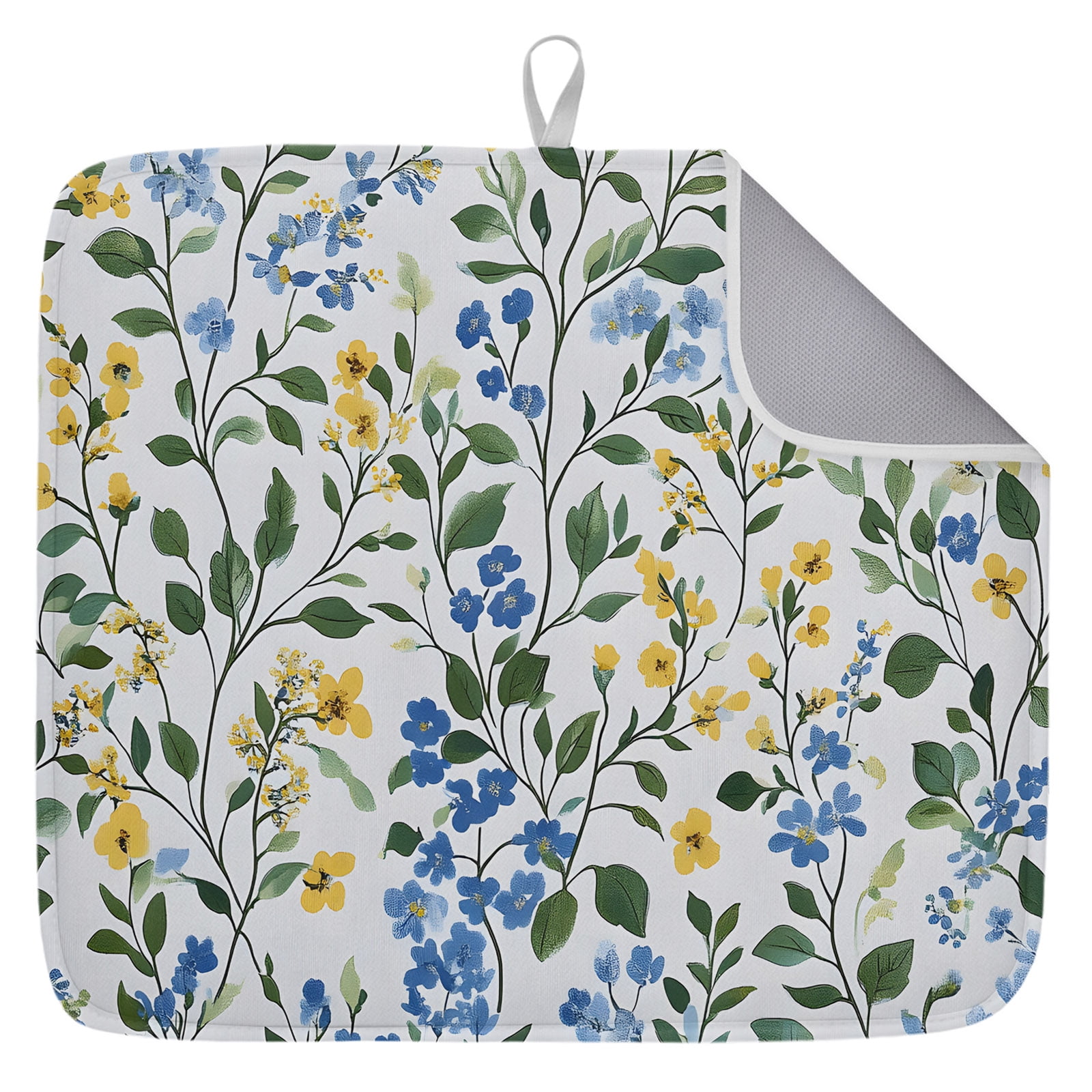 Blue Yellow Floral Spring Dish Drying Mat for Kitchen Counter,Green ...