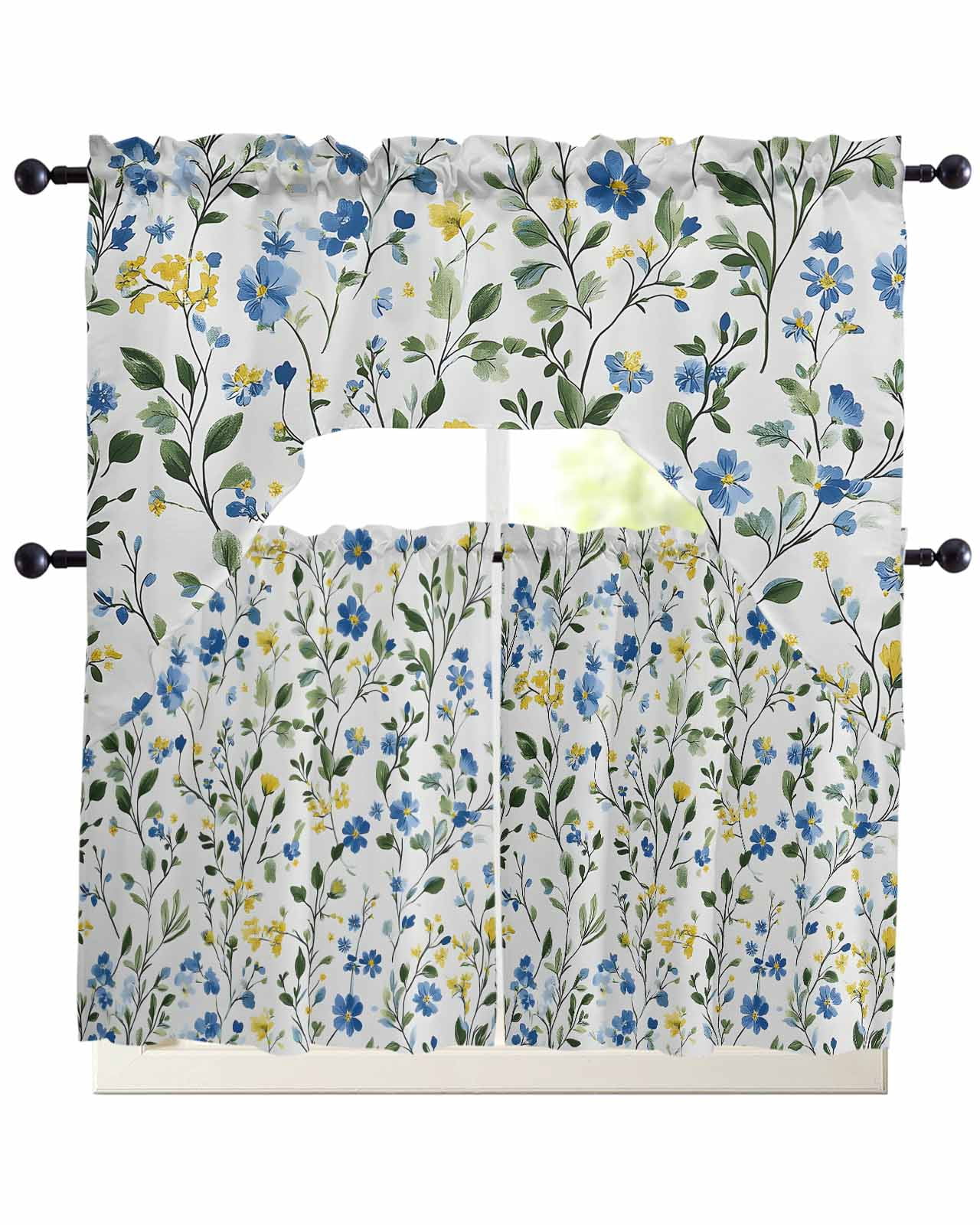 Blue Yellow Floral Spring Kitchen Curtains Set for Windows 3 Piece Cafe ...