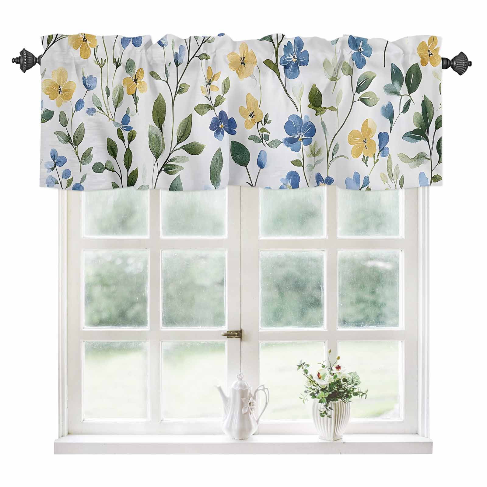 Blue Yellow Floral Spring Kitchen Valances for Windows 42x12 Inch ...