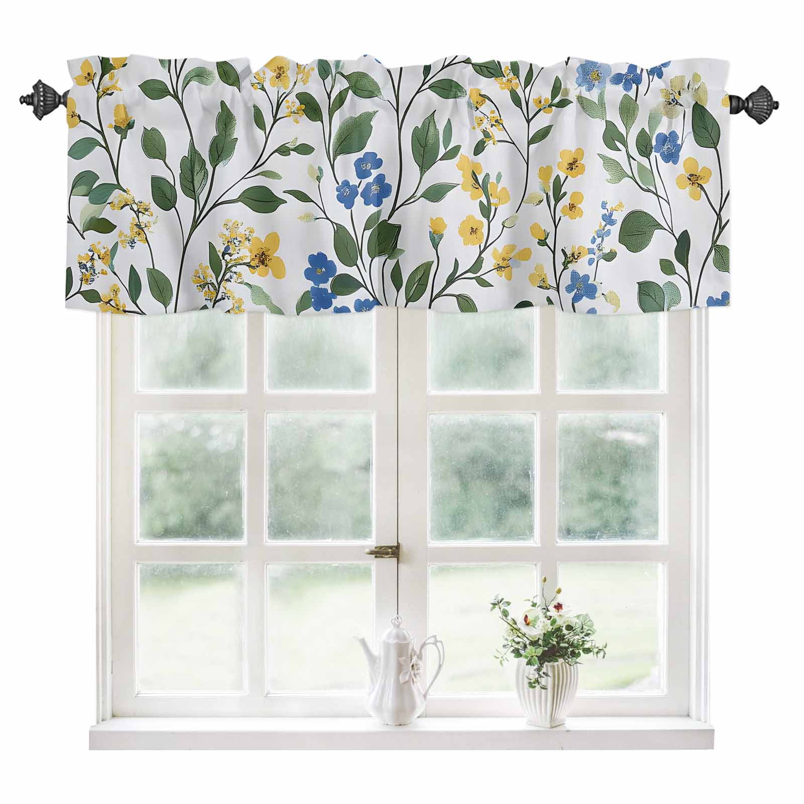 Blue Yellow Floral Spring Kitchen Valances for Windows 60x18 Inch ...