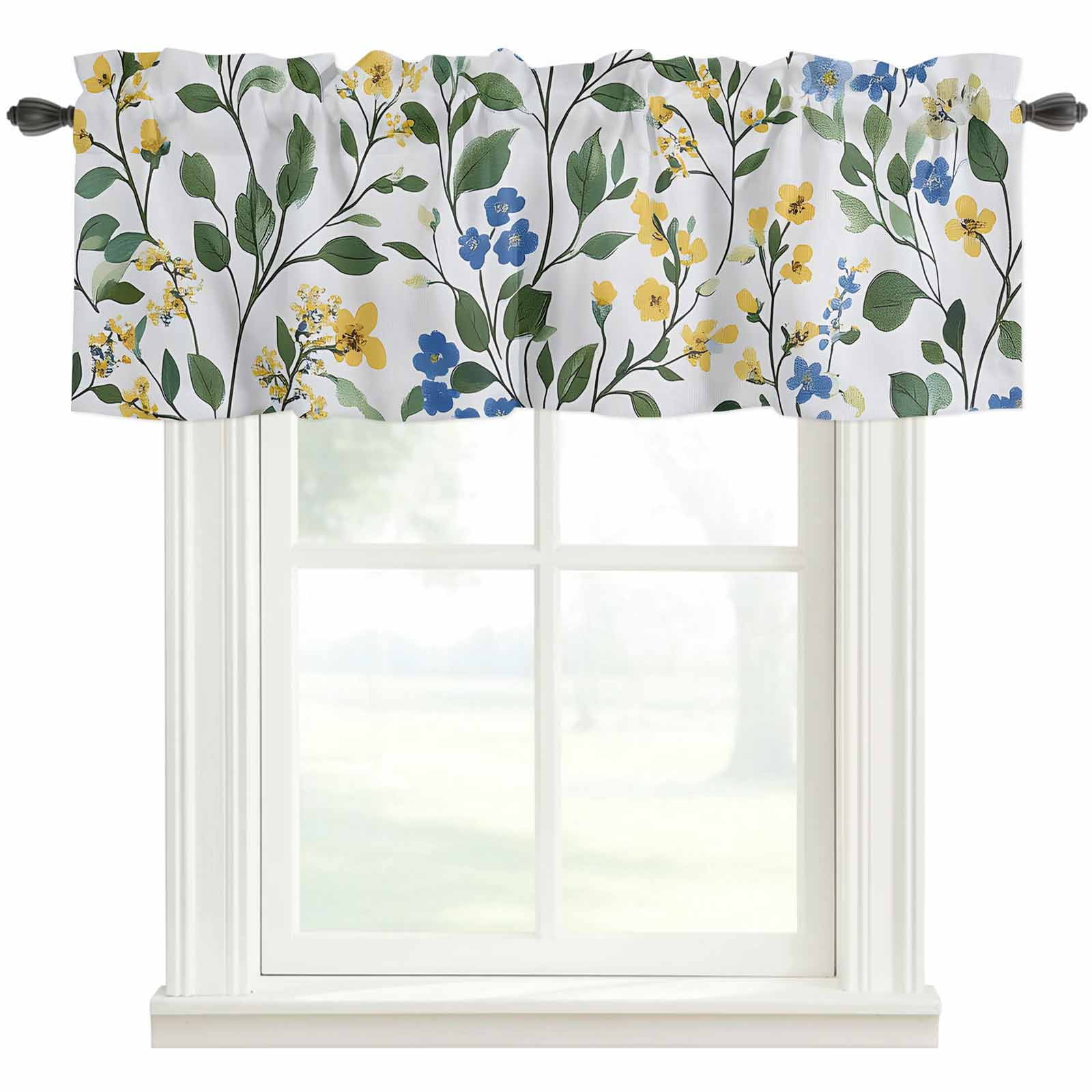 Blue Yellow Floral Spring Kitchen Valances for Windows, Small Valance ...