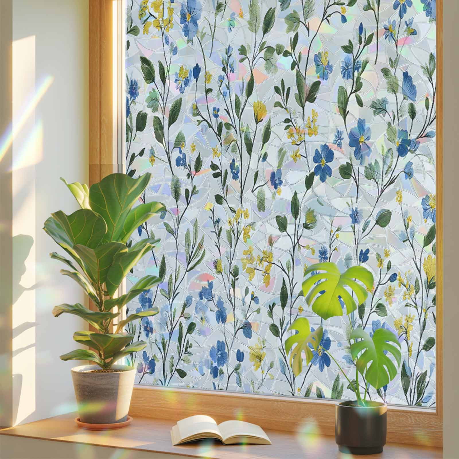 Blue Yellow Floral Spring Privacy Window Film, Decorative Stained Glass ...