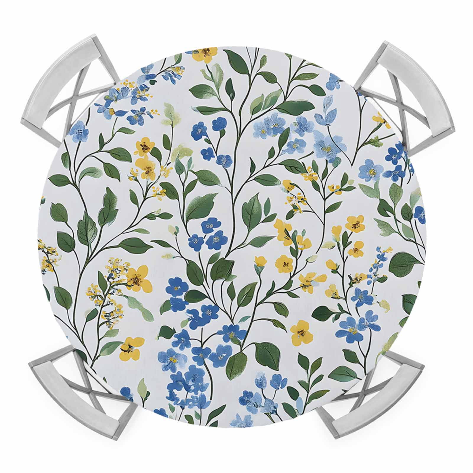 Blue Yellow Floral Spring Round Tablecloth for 45-54 Inch Tables,Fitted ...