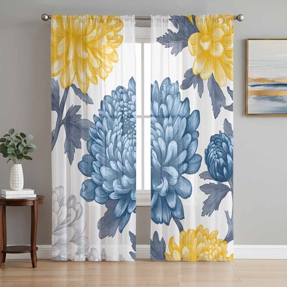Blue Yellow Floral Spring Semi Sheer Curtains 84 Inch Length 2 Panels ...