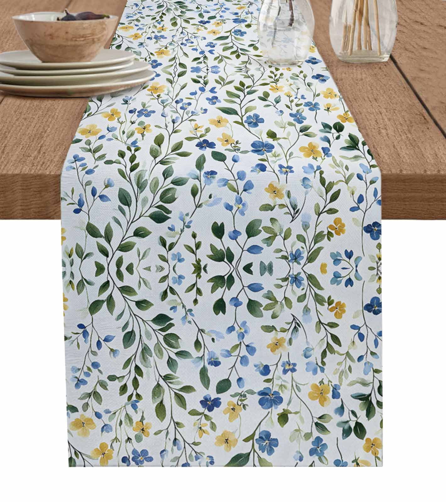 Blue Yellow Floral Spring Table Runner Summer Pastoral Botanical Green ...