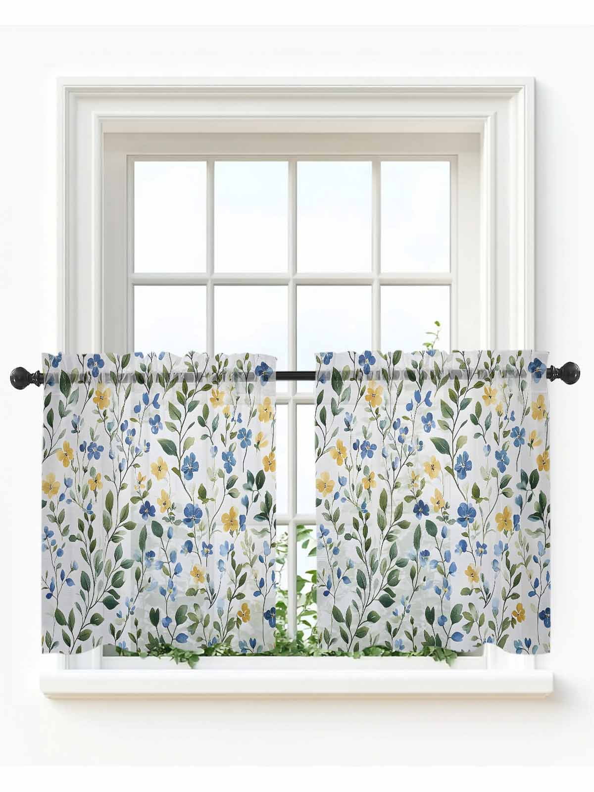 Blue Yellow Floral Spring Tier Curtains 24 Inch Length,Sheer Curtains ...