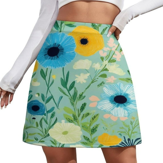 Blue Yellow Floral Summer Pattern Women's High Waist Skirt Stretchy ...