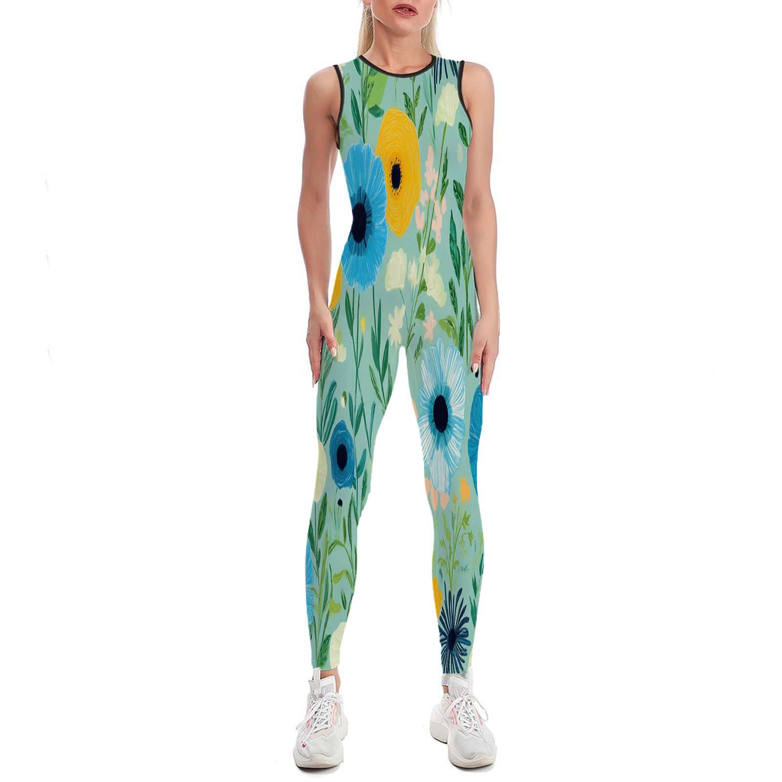 Blue Yellow Floral Summer Pattern Women's One Piece Yoga Jumpsuits ...
