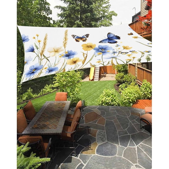 Blue Yellow Floral Sun Shade Sail 12'X16' Butterfly Flower UV Block ...