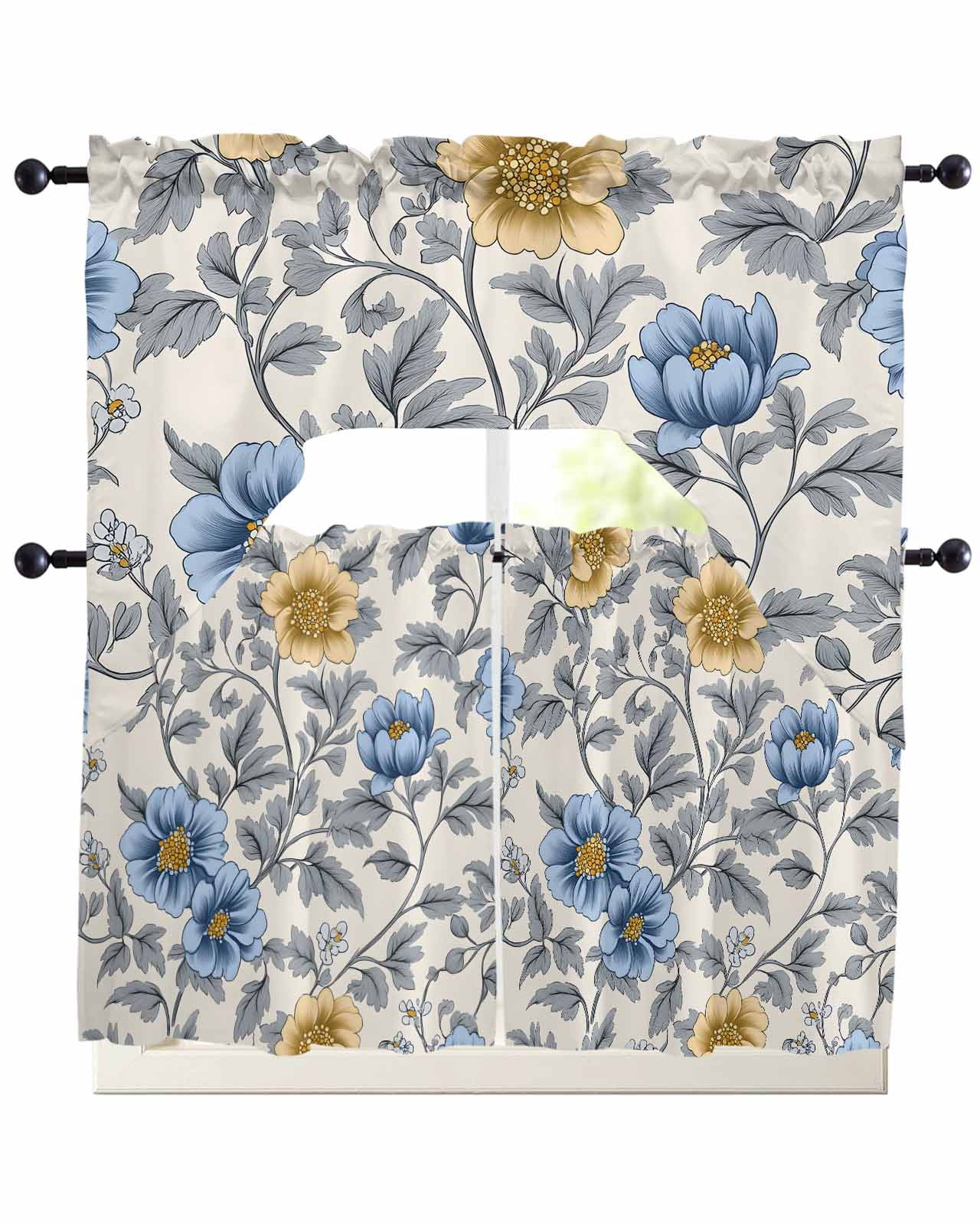 Blue Yellow Floral Swag Valance and Tier Curtains Set Vintage Plant ...