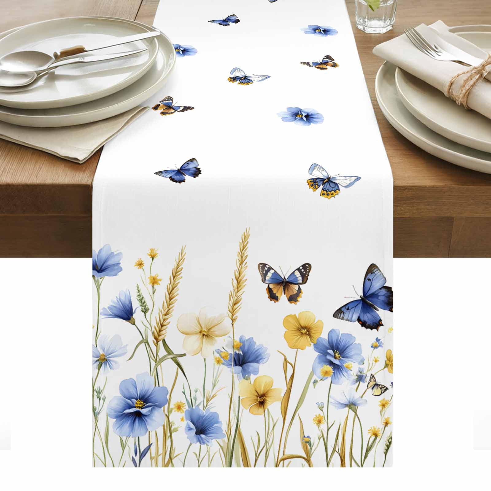 Blue Yellow Floral Table Runner 13 x 36 Inch, Butterfly Flower Washable ...