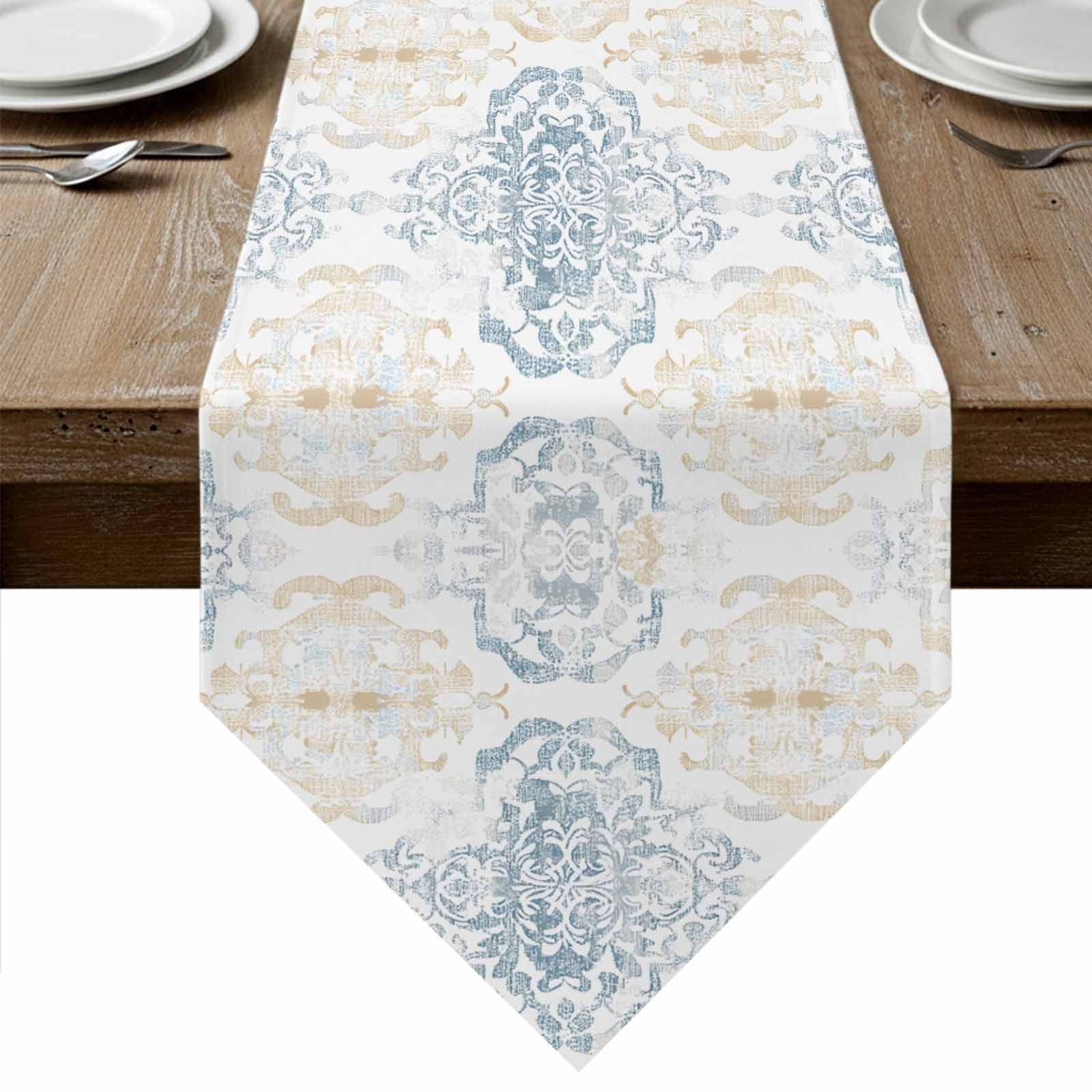 Blue Yellow Floral Table Runner Linen Burlap Table Runner 60 Inches ...