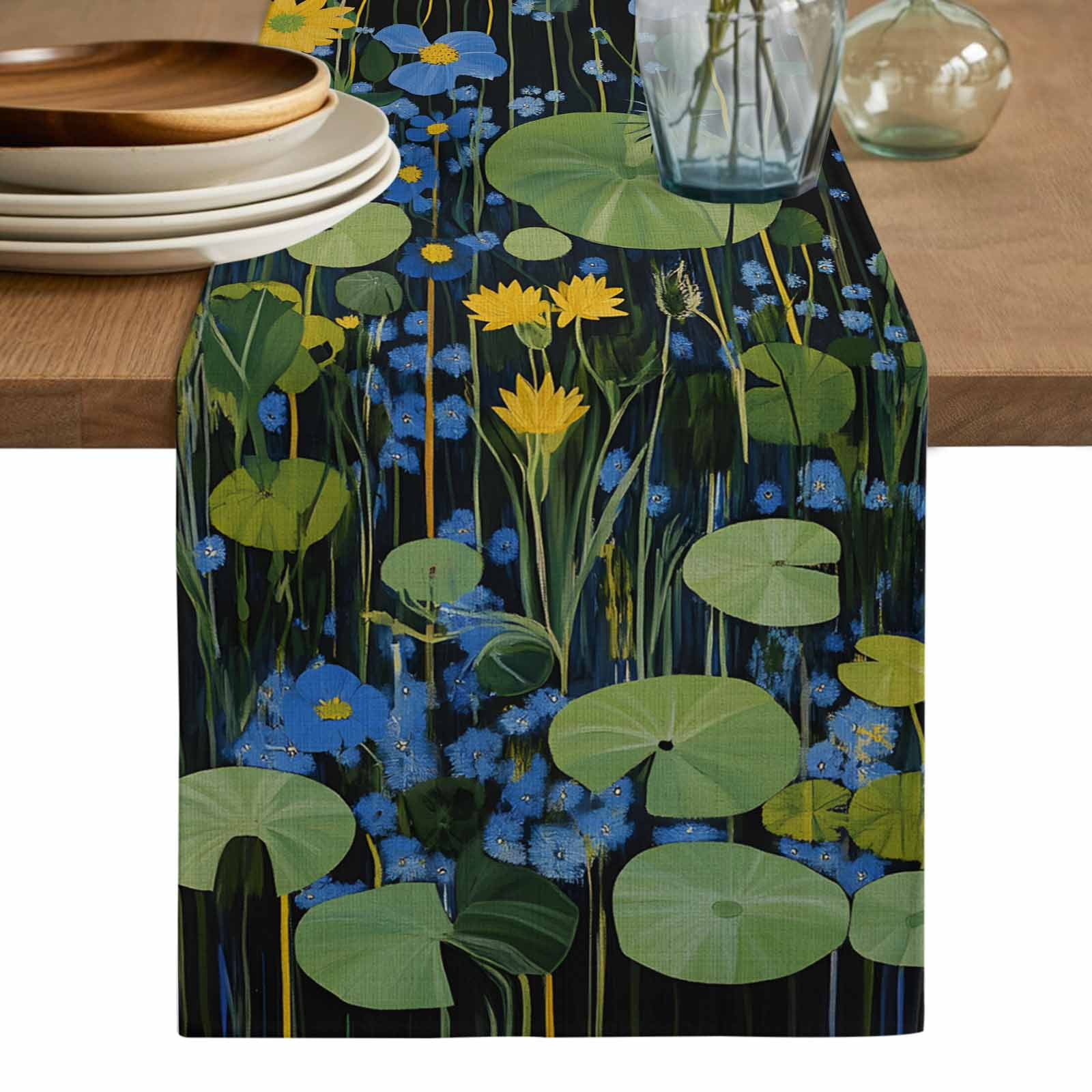 Blue Yellow Floral Table Runner, Spring Summer Pastoral Plant Leaf ...