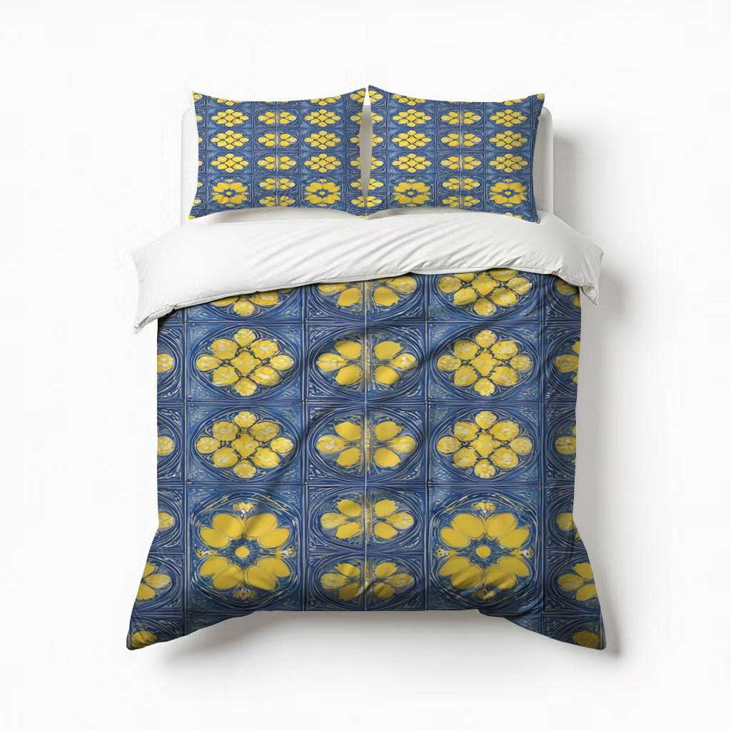 Blue Yellow Floral Tiles Pattern Bedding Set 3 Pcs Soft Microfiber ...
