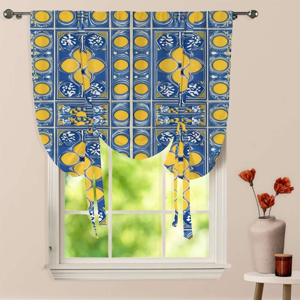 Blue Yellow Floral Tiles Pattern Window Curtain for Living Room Roman ...