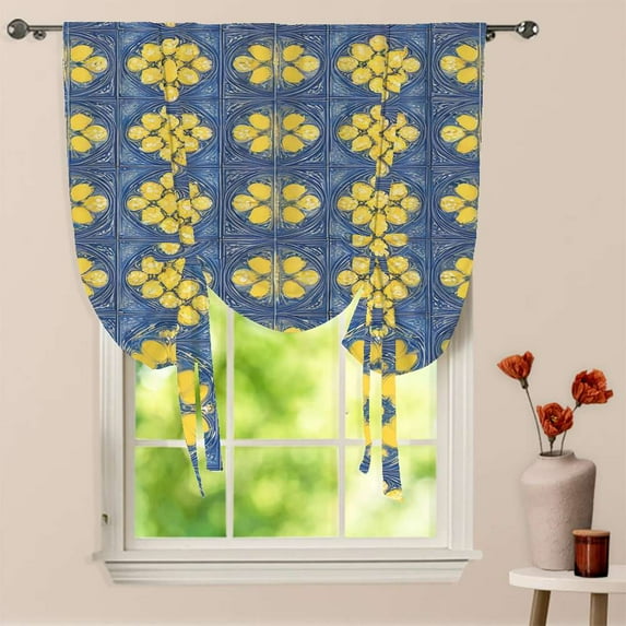 Blue Yellow Floral Tiles Pattern Window Curtain for Living Room Roman ...