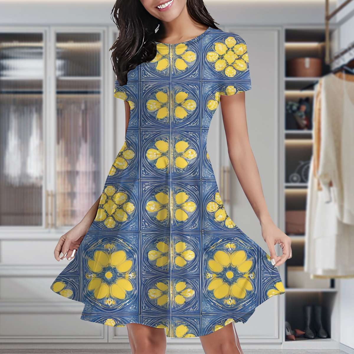 Blue Yellow Floral Tiles Pattern Women's Classic Swing Skater Dress Casual Work Party Cocktail ...