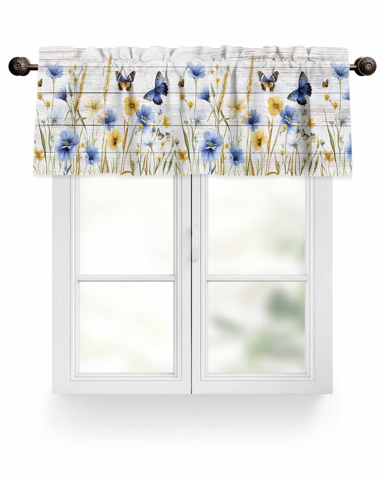 Blue Yellow Floral Valances for Windows Butterfly Watercolor Plants ...