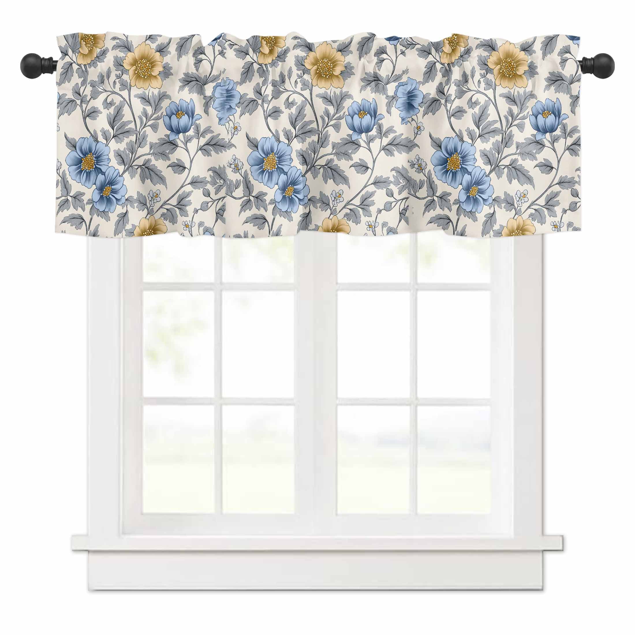 Blue Yellow Floral Valances for Windows Vintage Plant Rod Pocket ...