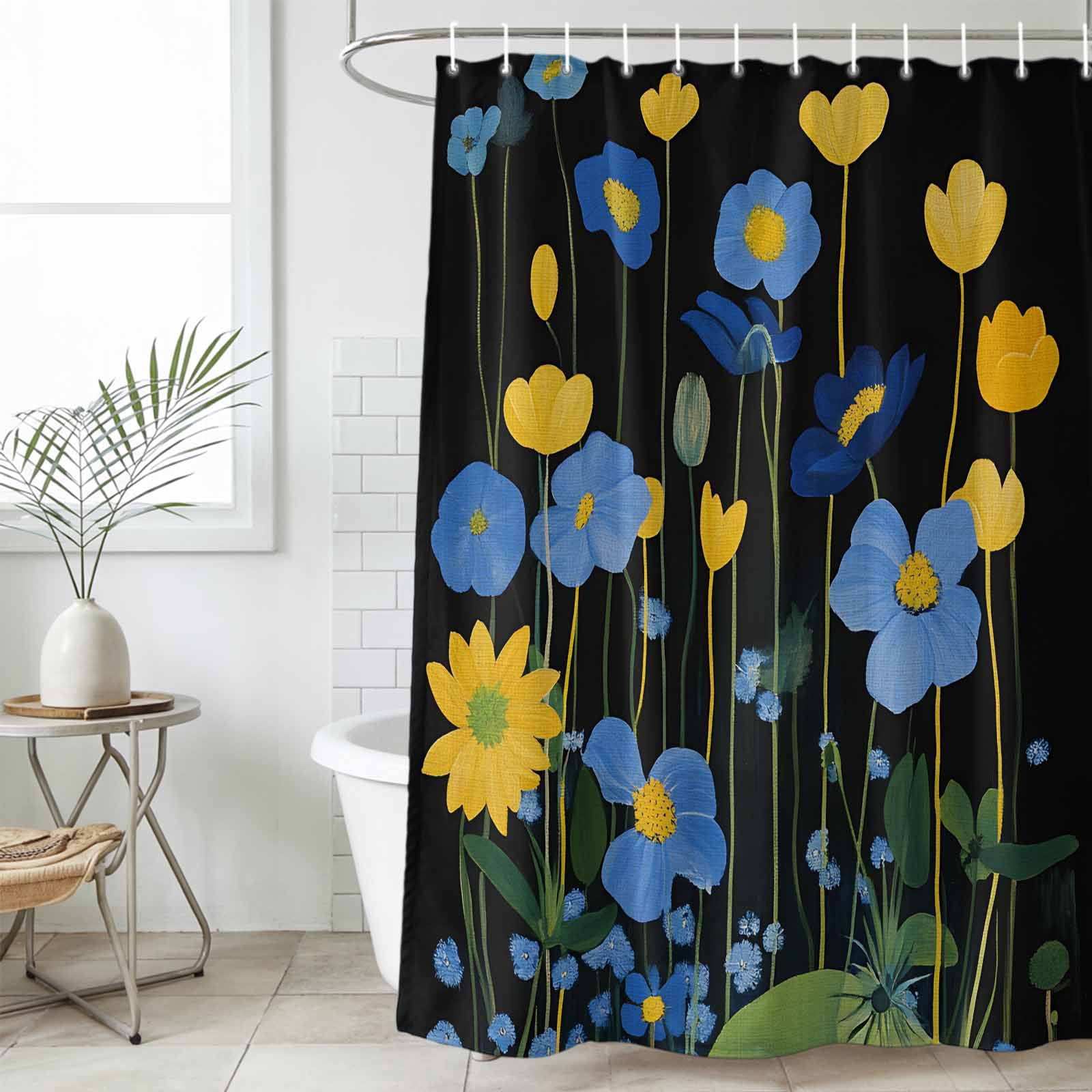 Blue Yellow Floral Waterproof Fabric Shower Curtain,Spring Summer ...