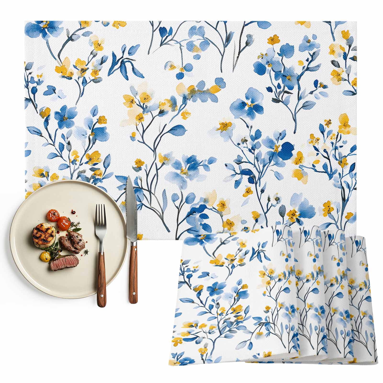 Blue Yellow Florl Print Placemats Set of 8, Rustic Wild Flowers Pattern ...