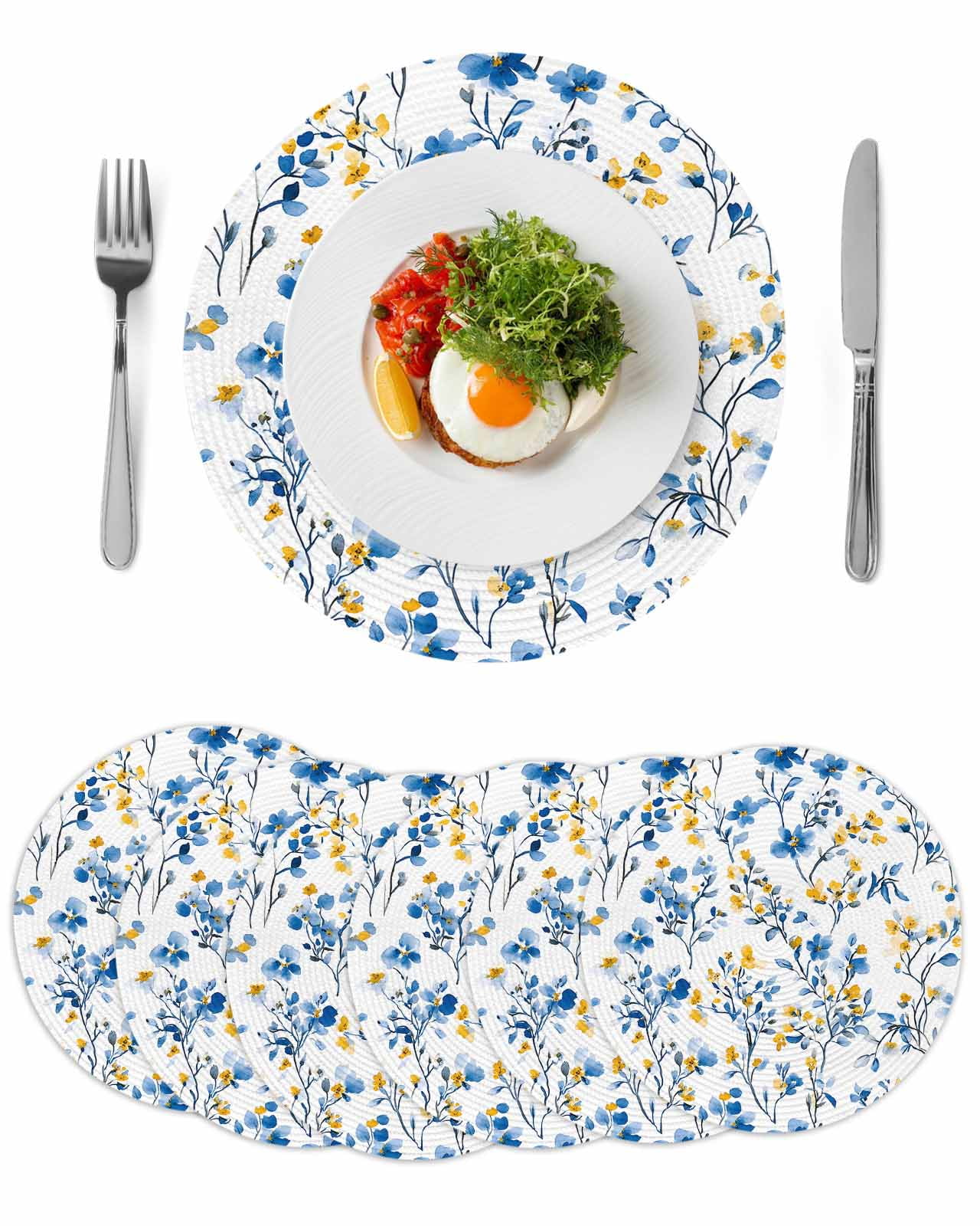 Blue Yellow Florl Print Round Table Placemats set of 6, Rustic Wild ...