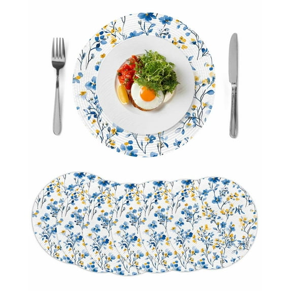 Blue Yellow Florl Print Round Table Placemats set of 6, Rustic Wild ...