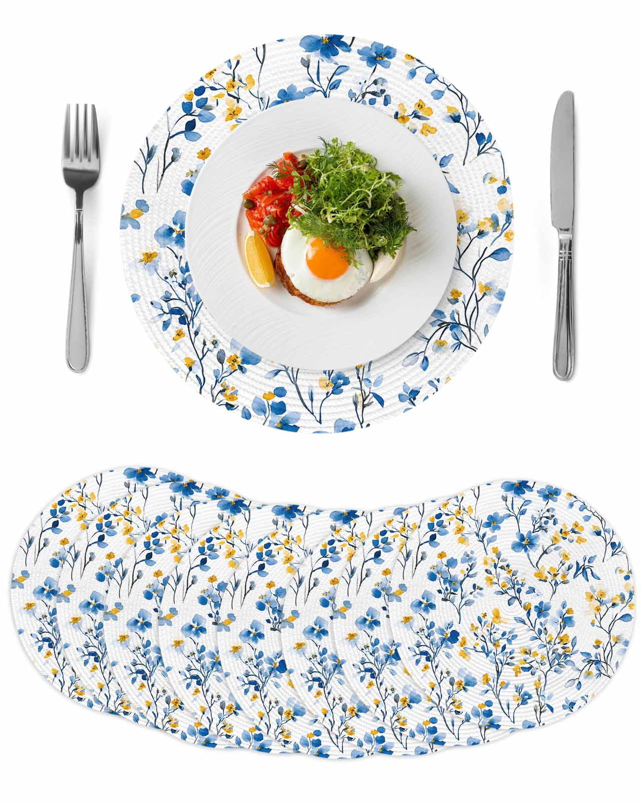 Blue Yellow Florl Print Round Table Placemats set of 8, Rustic Wild ...