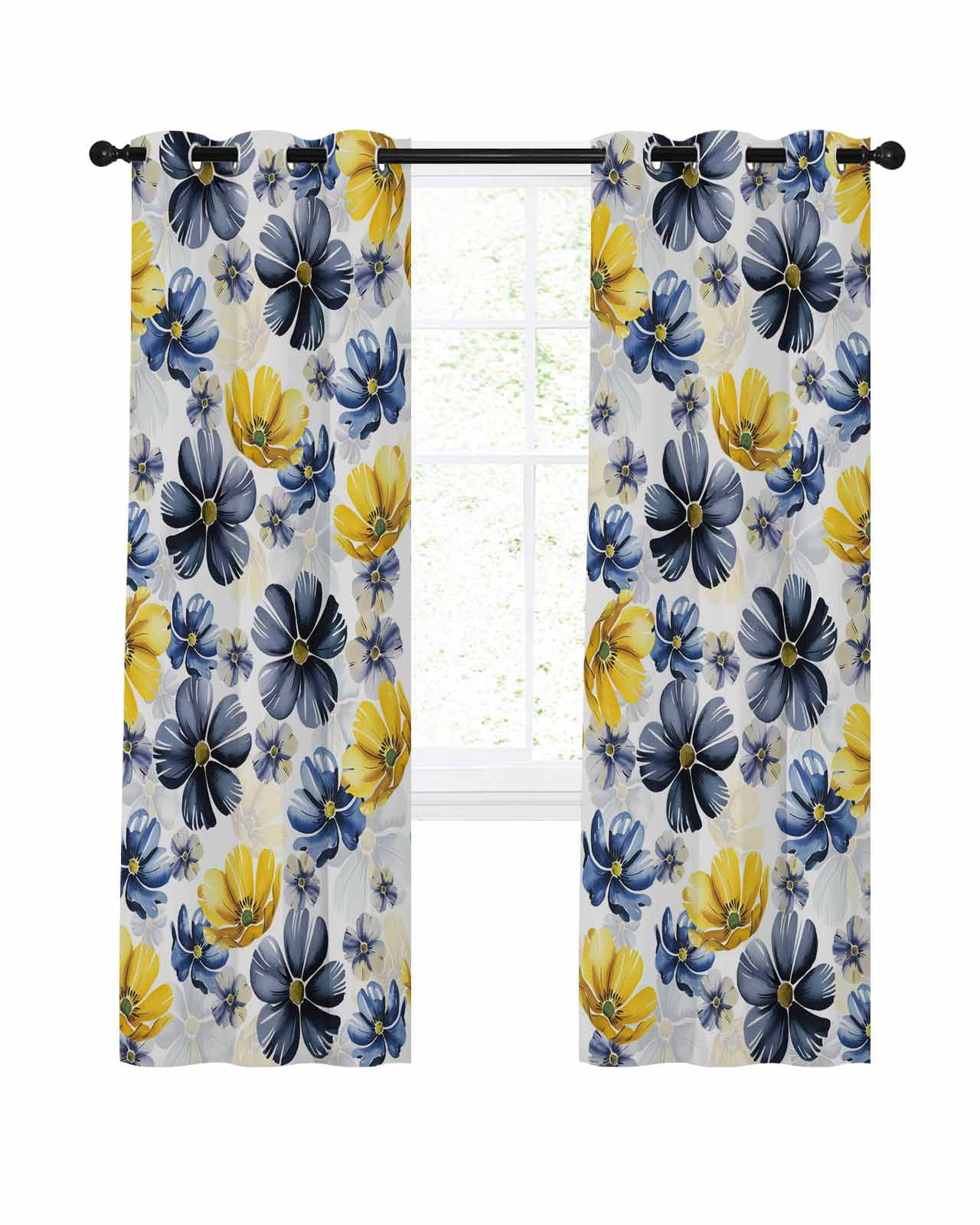 Blue Yellow Flower Blackout Curtains 54 Inches Long for Bedroom, Retro ...