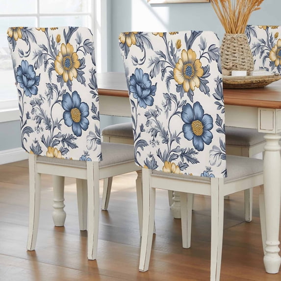 Blue Yellow Flower Chair Back Covers, Vintage Abstract Botanical Leaf ...