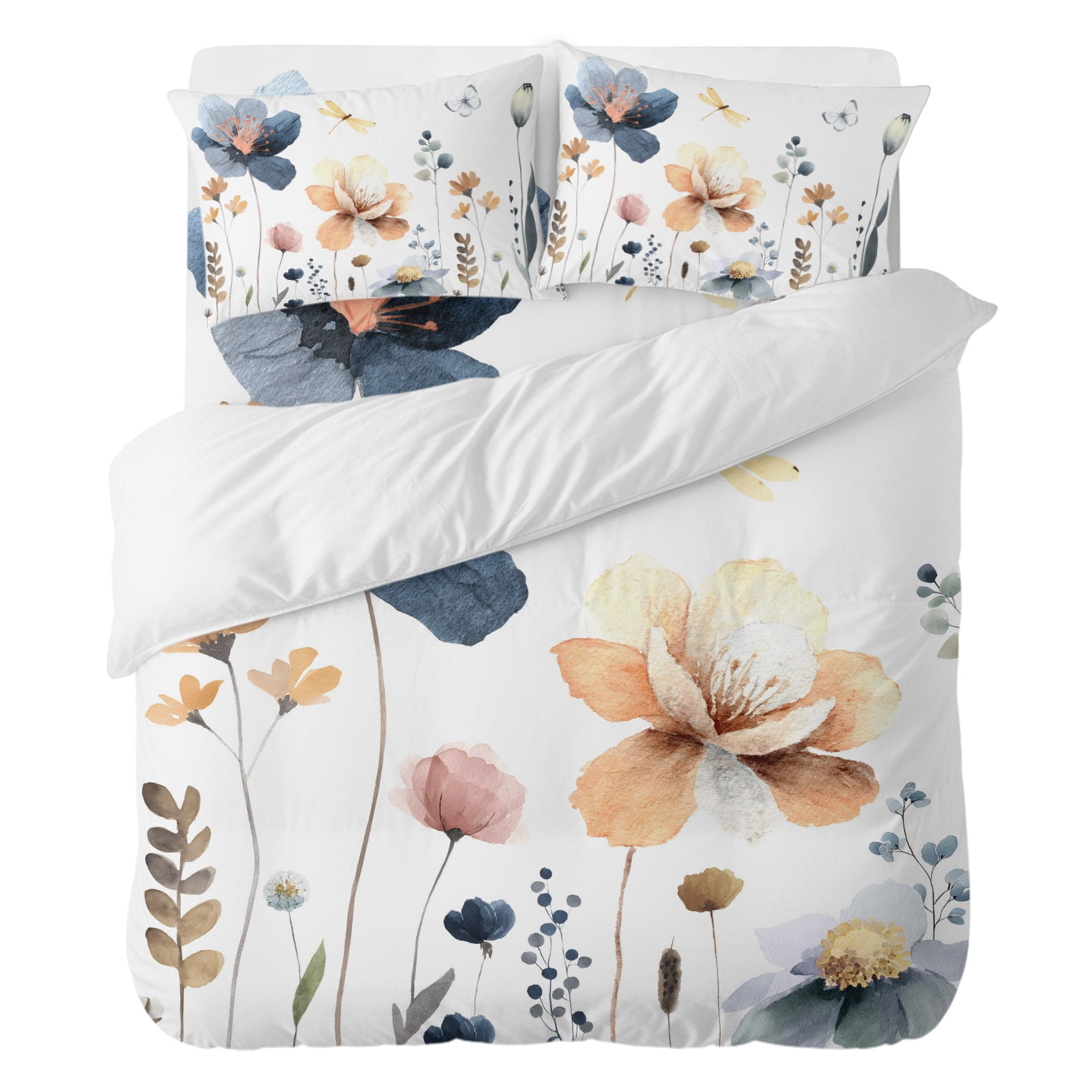 Blue Yellow Flower Comforter Set Queen Size, Watercolor Spring Country ...