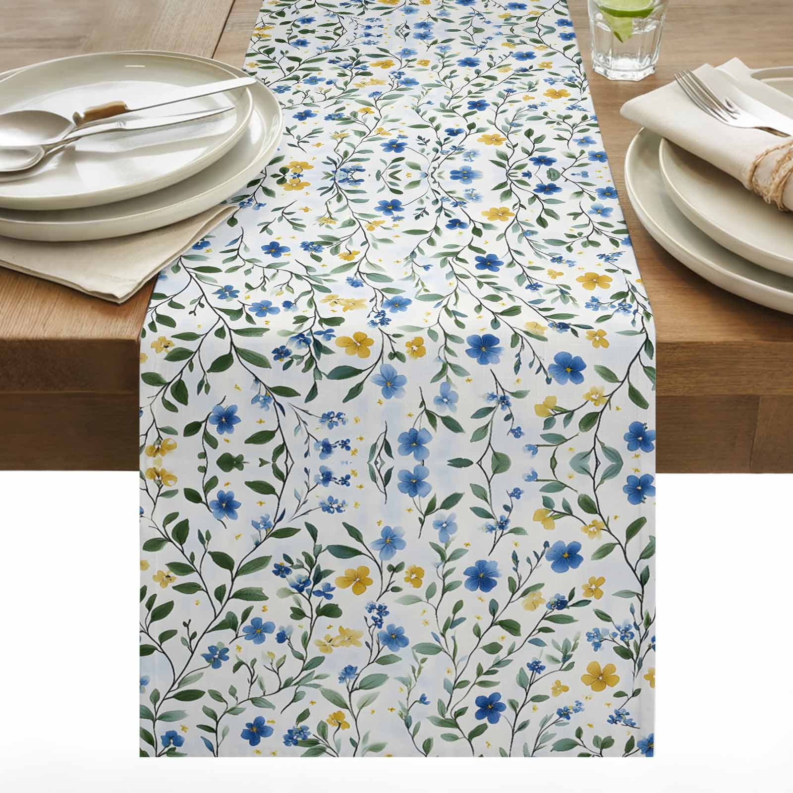 Blue Yellow Flower Cotton Linen Table Runner Watercolor Leaf Dining ...
