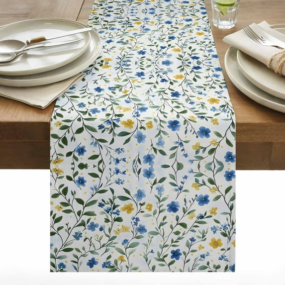 Blue Yellow Flower Cotton Linen Table Runner Watercolor Leaf Dining ...
