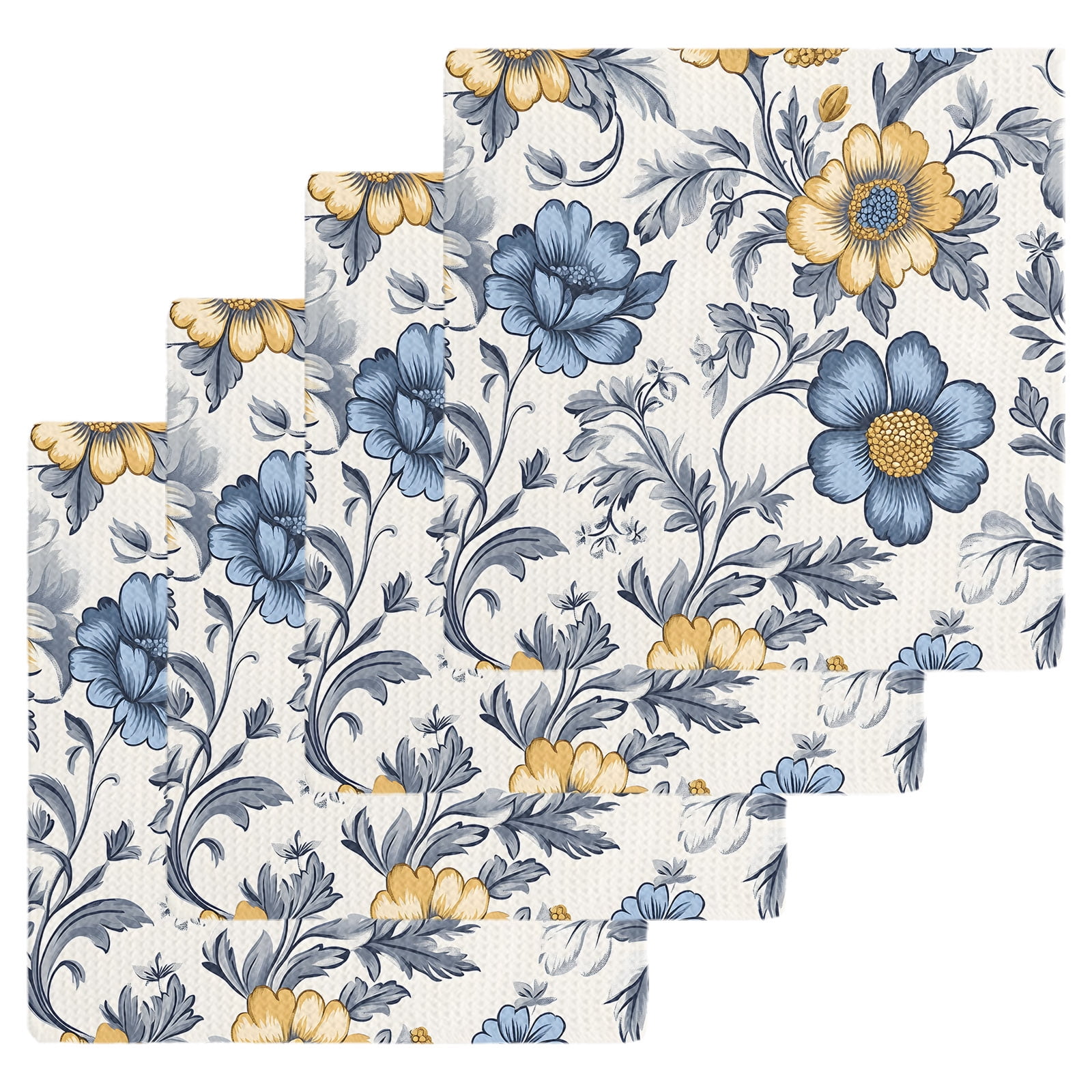 Blue Yellow Flower Kitchen Dish Towels for Drying Dishes Set of 4 ...