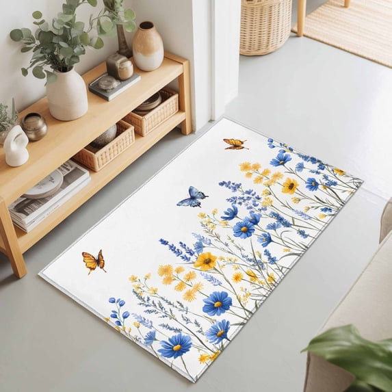 Blue Yellow Flower Lavender Butterfly Rectangle Rug 2'x3' Summer Daisy ...