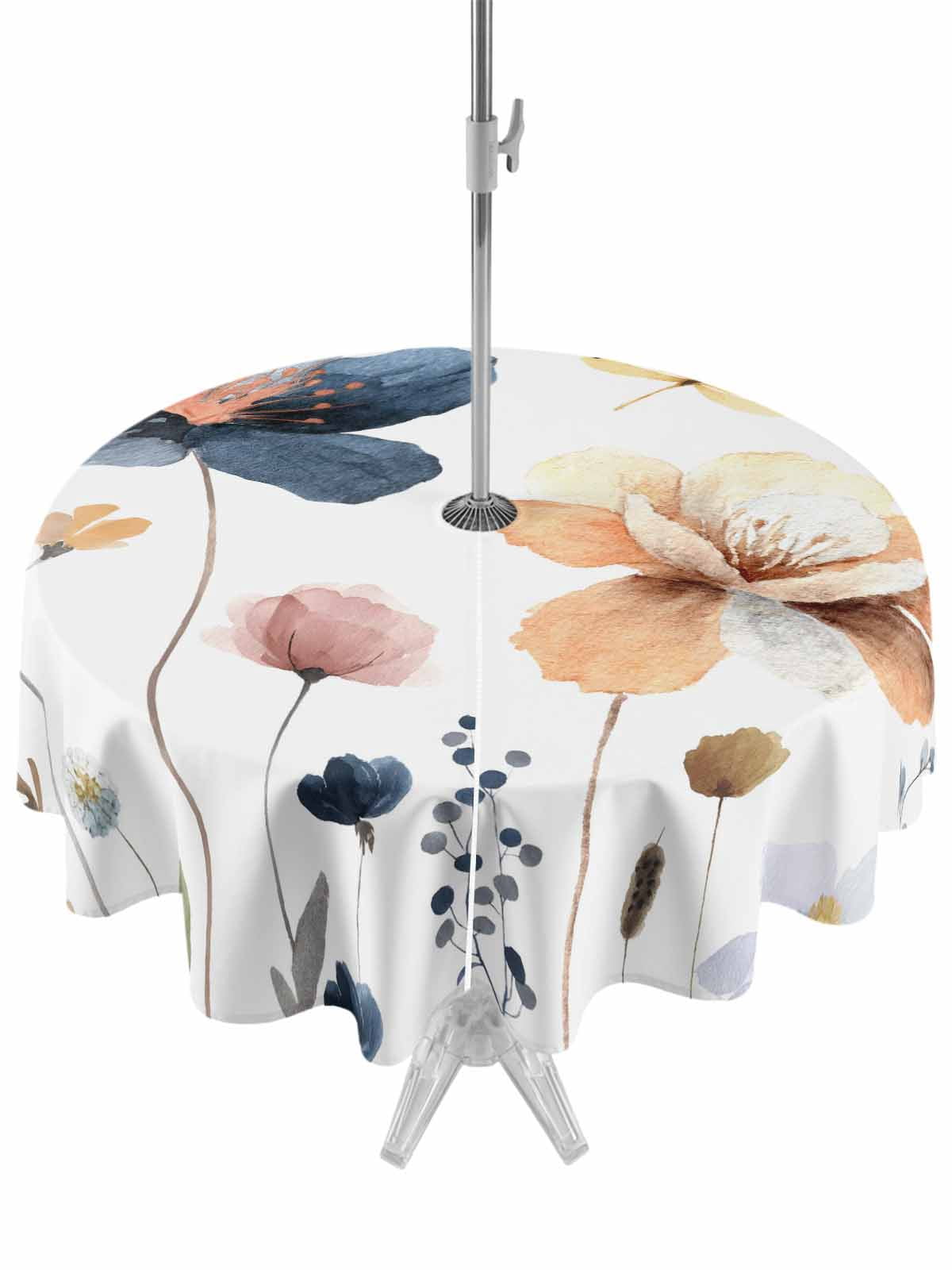 Blue Yellow Flower Round Outdoor Tablecloth with Umbrella Hole ...