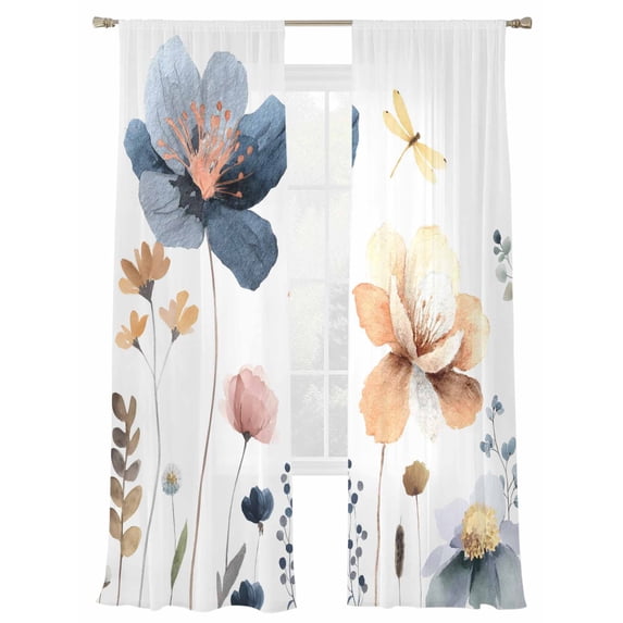Blue Yellow Flower Sheer Curtains 2 Panels Set Watercolor Spring ...