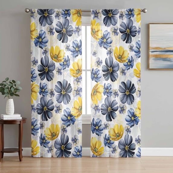 Blue Yellow Flower Sheer Curtains 84 Inch Length 2 Panels Set, Retro ...