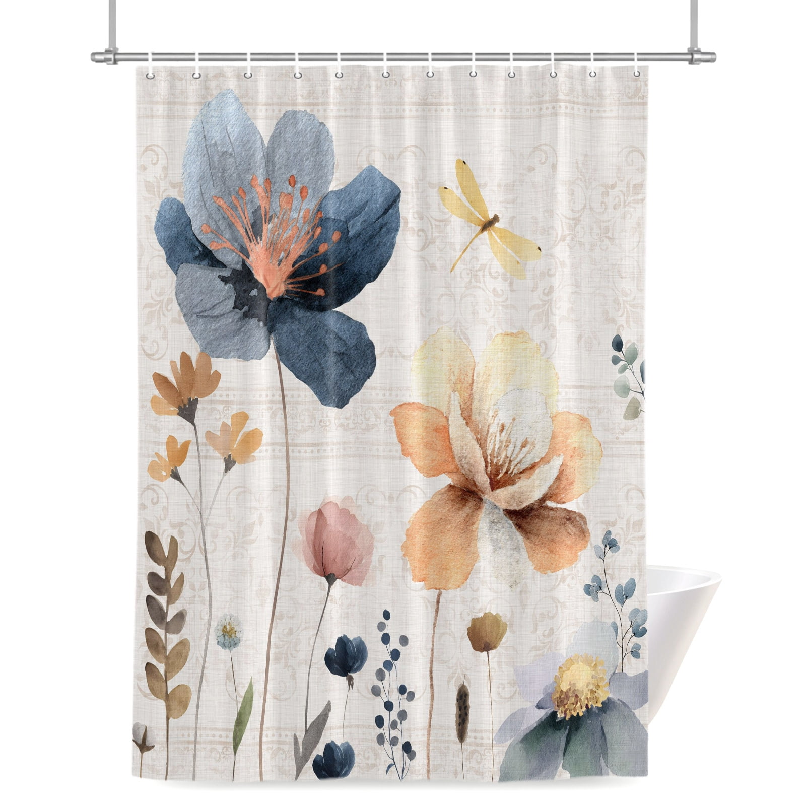 Blue Yellow Flower Shower Curtains for Bathroom, Watercolor Spring ...