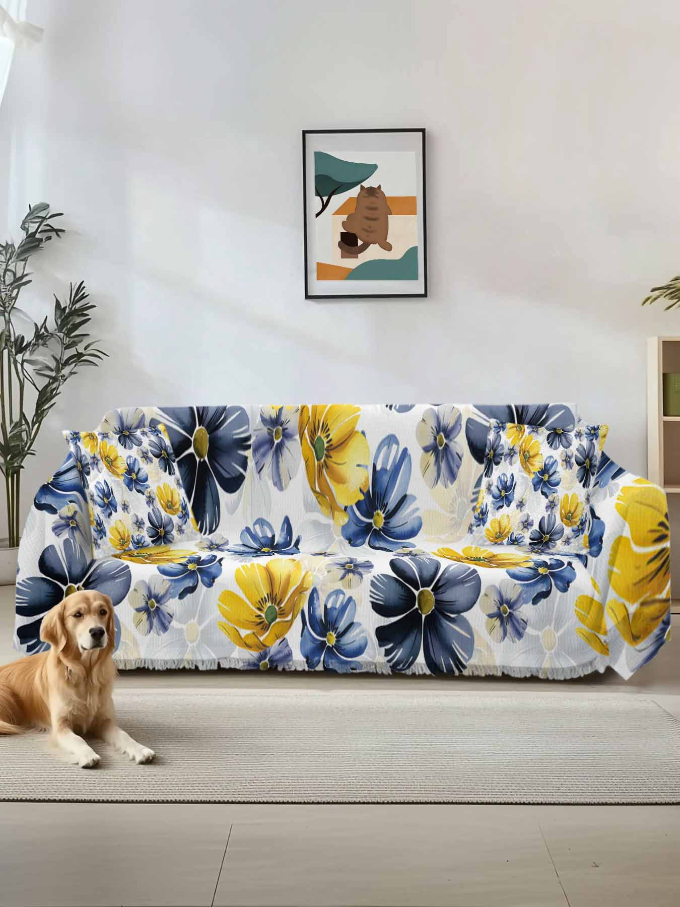 Blue Yellow Flower Sofa Cover Blanket Couch Covers for Armchair Cushion ...