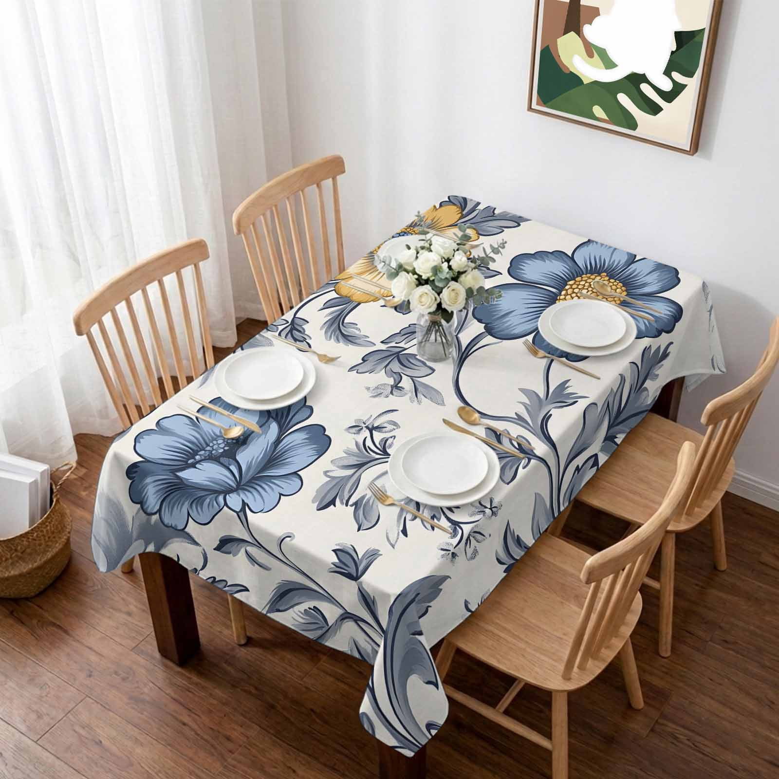 Blue Yellow Flower Table Cloth Waterproof Tablecloths, Vintage Abstract ...