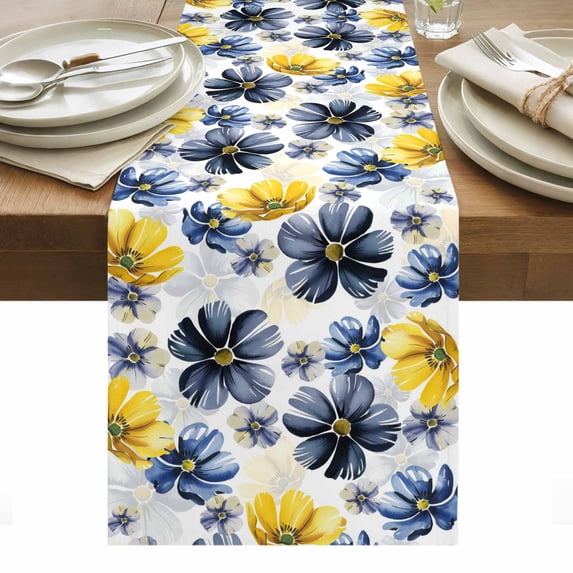 Blue Yellow Flower Table Runner - 70 Inch Long, Kitchen Dining Table ...