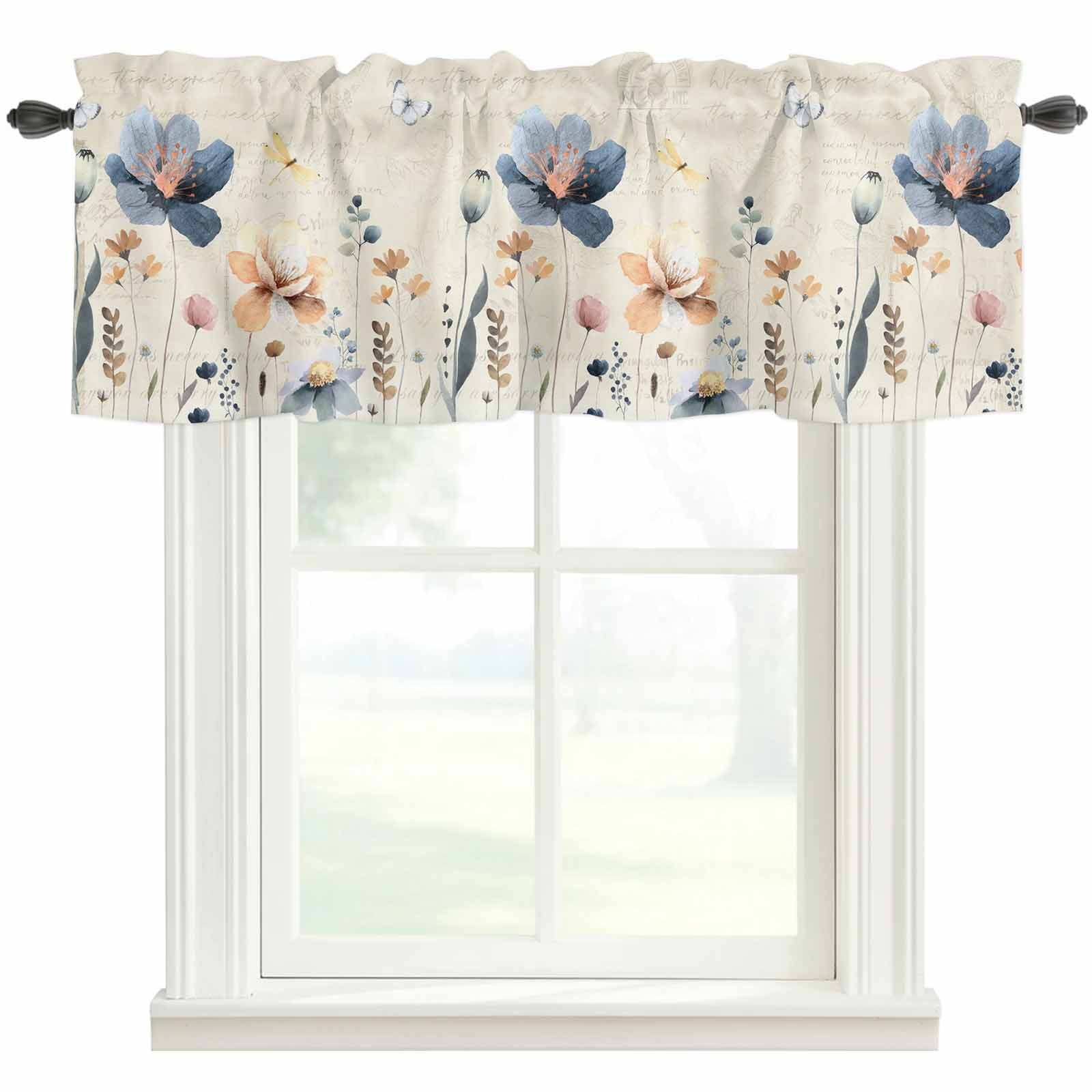 Blue Yellow Flower Valances for Windows Watercolor Country Yellow Blue ...