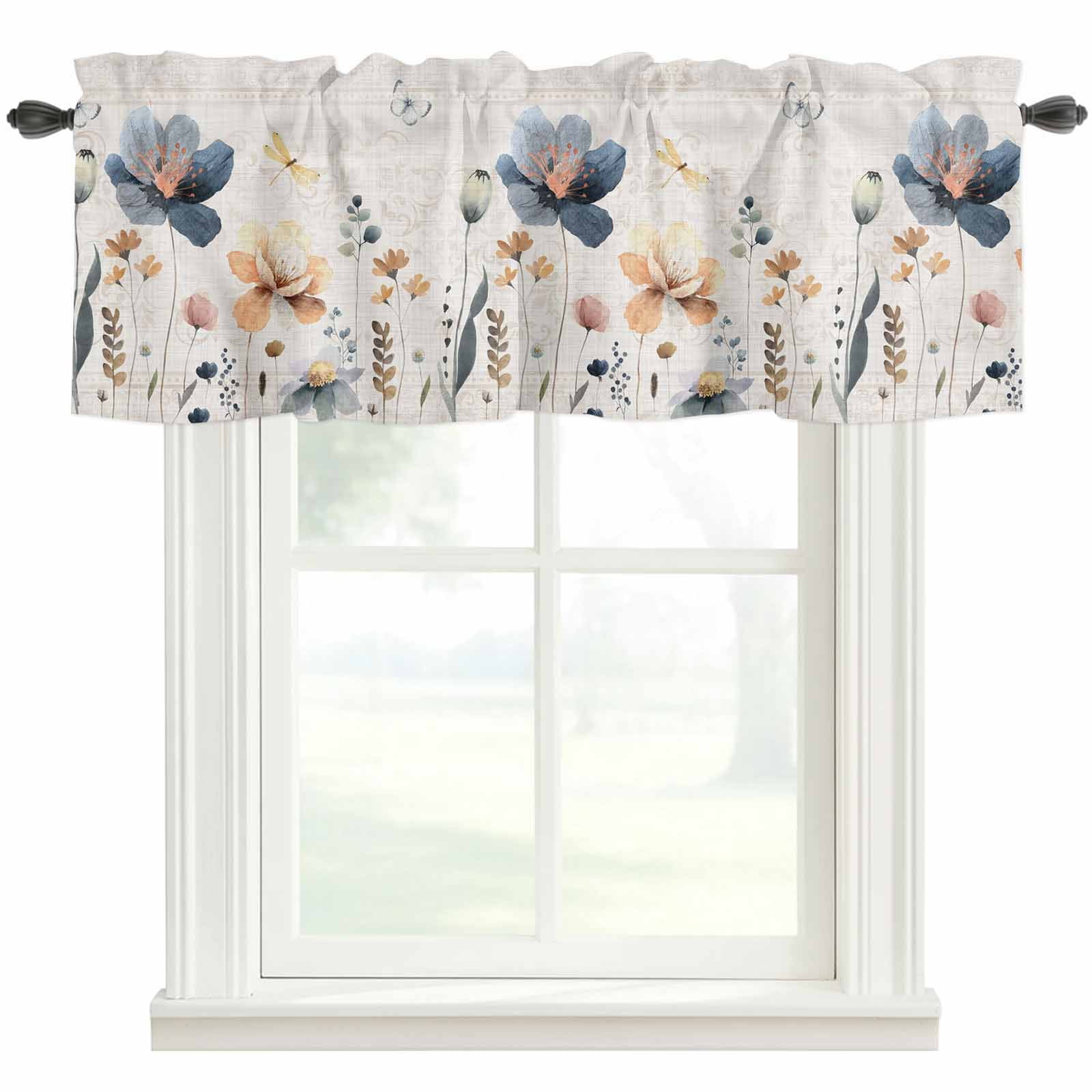 Blue Yellow Flower Valances for Windows Watercolor Spring Country ...