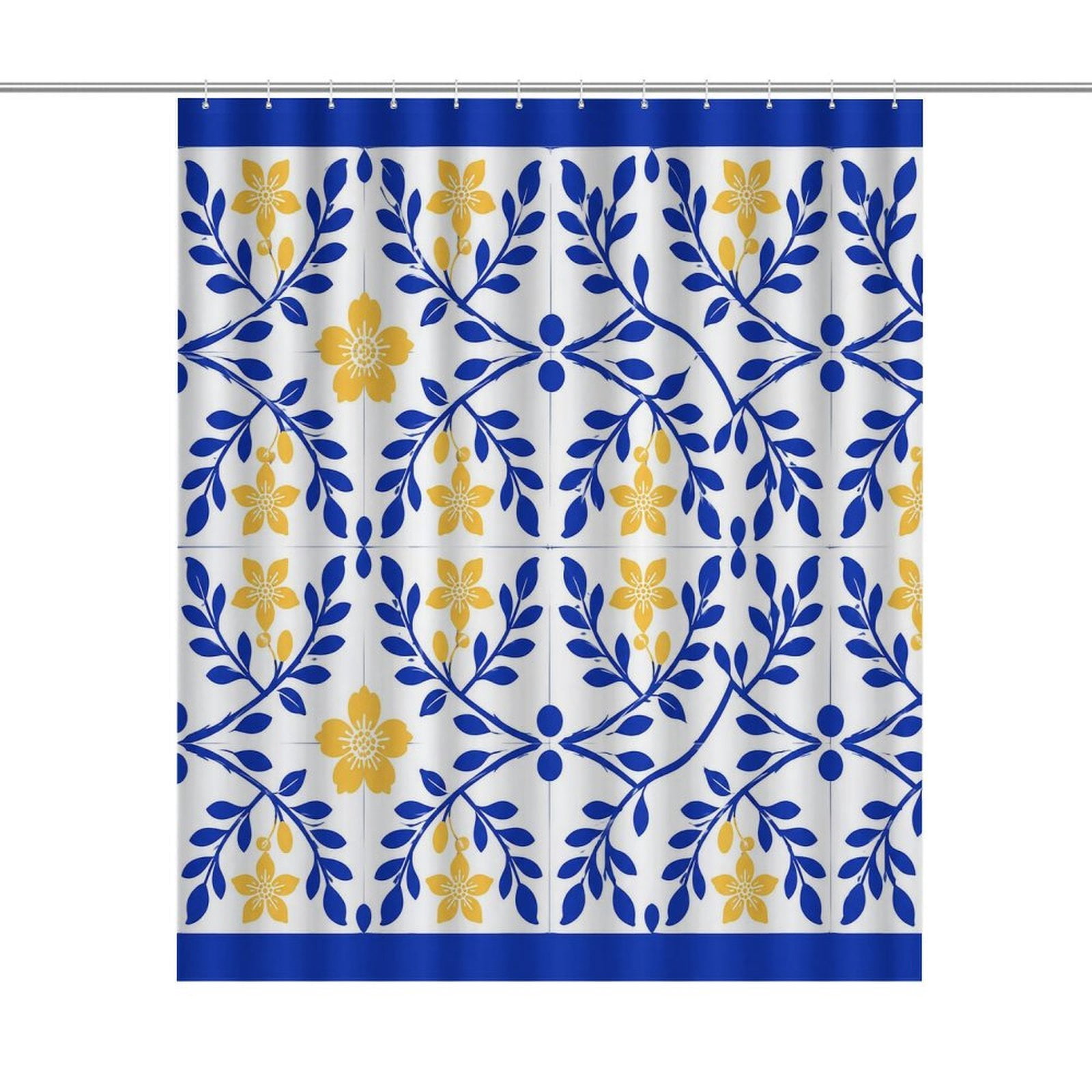 Blue Yellow Flower Vine Tile Print Shower Curtain,Cloth Fabric ...