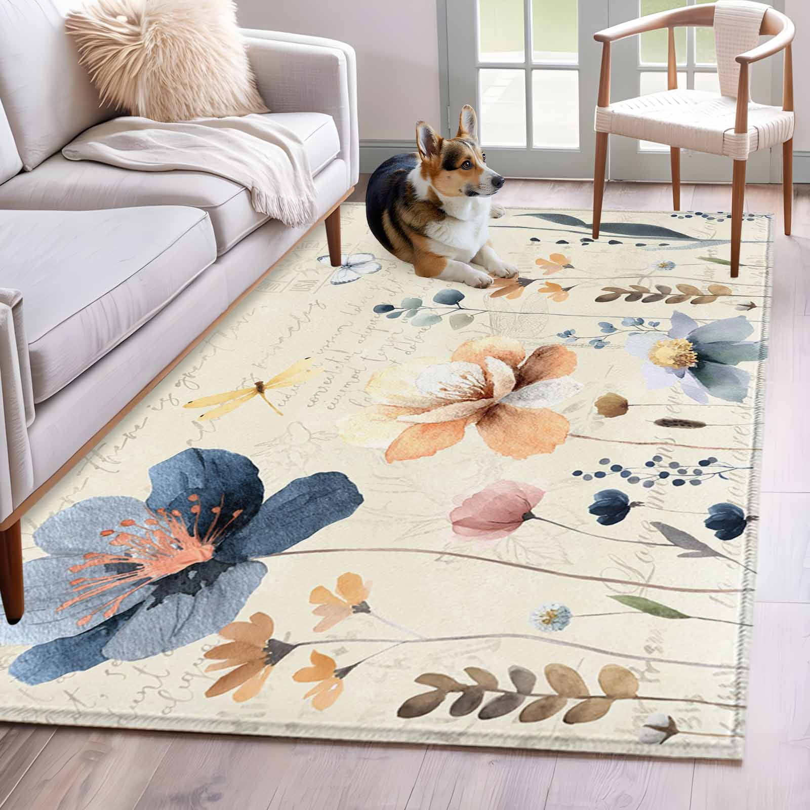 Blue Yellow Flowers Area Rug 3x5 Washable Rug Non Slip Spring Summer ...