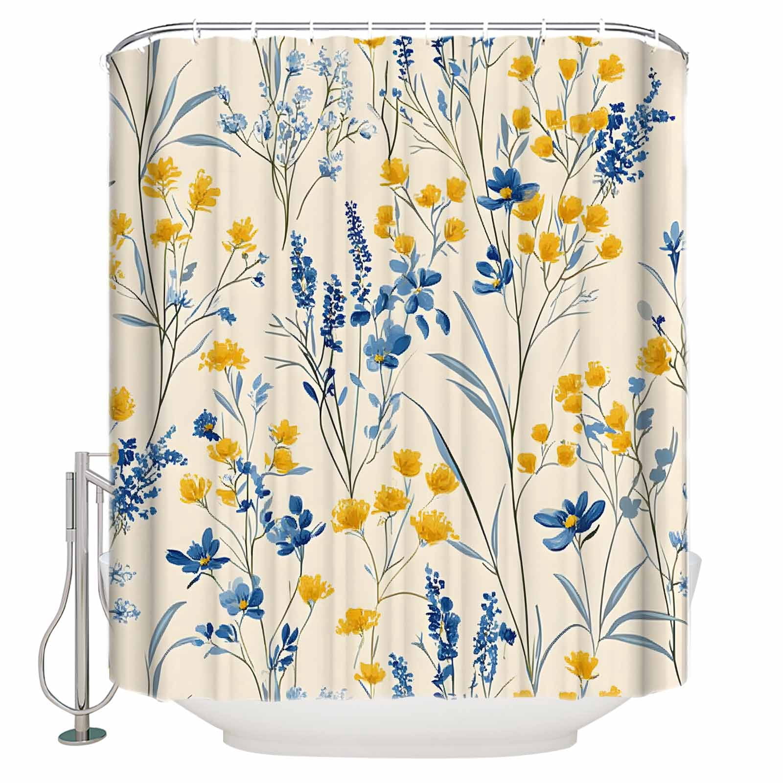 Blue Yellow Flowers Bathroom Shower Curtains with 12 Hooks Polyester ...